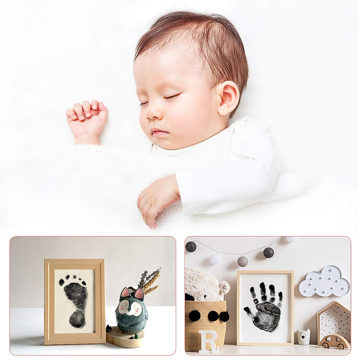 13 Piece Large and Medium Baby Inkless Handprint Footprint Kit Include 3 Clean Touch Ink Pad 6 Imprint Card and 4 Star Shaped Paper Clip Paw Stamp Print Keepsake Kit for Infant Newborn Birth Registry