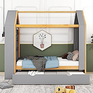 Merax Twin Size House Platform Bed with Storage Shelves, Wooden Bed Frame with Trundle, Grey