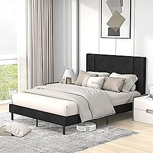 Flolinda Queen Bed Frame, Upholstered Bed Frame Queen Size with Tufted Velvet Headboard, Mattress Foundation, Strong Wood Slat Support Double Bed Frame, No Box Spring Needed, Easy Assembly,Black