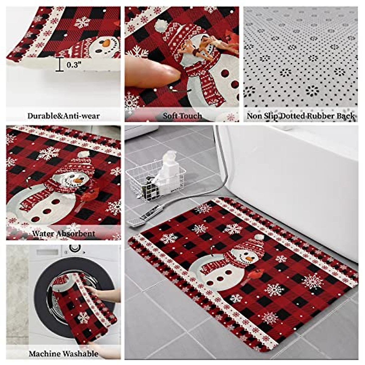 Kitchen Mat Rug 1 PCS Christmas Tres Snowman Snowflake Black and Red Plaid Buffalo Runner Rug Anti-Fatigue Comfort Memory Foam Standing Mat Non-Slip Floor Door Mat for Bathroom Bedroom 18x47in