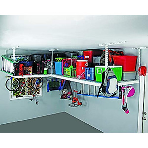 MonsterRax Overhead Garage Storage Rack- 4 x 8 Ceiling Rack for Garage Shelving, Organization, & Storage, Adjustable Hanging Storage for Bikes, Equipment & Accessories (White, 18"-33", 2-Pack).