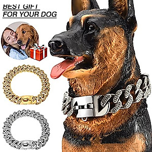Dog Chain Diamond Cuban Collar, 32MM Heavy Duty Chew Proof Walking Chain Collar with Safe Buckle Design, Luxurious Necklace for Medium Large Dogs