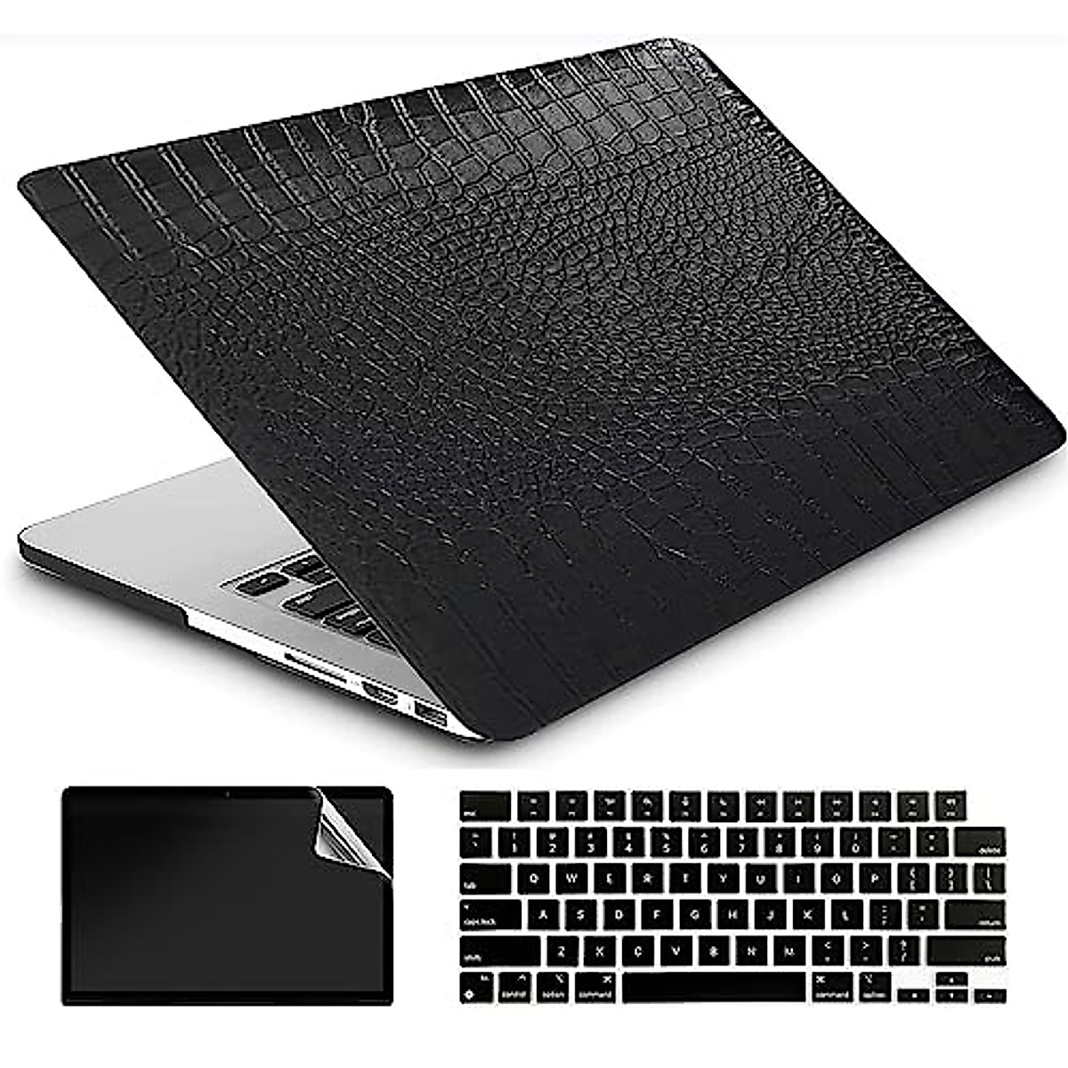 AMCJJ Compatible with MacBook Air 15 inch Case 2024 2023 Release M3 A3114 M2 A2941, Hard Shell Cover & Keyboard Cover & Screen Protector - Black Leather
