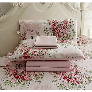 FADFAY 7Pcs Shabby Rose Floral Duvet Cover Sheets Set Queen Size, 1 Duvet Cover+1 Flat Sheet+1 Fitted Sheet+ 4 Standard Size Shams