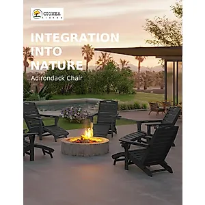 Ciokea Folding Adirondack Chair with Retractable Ottoman Fire Pit Patio Chair with Pull Out Foot Rest Weather Resistant Lawn Outdoor Lounge Chair with 2 Cup Holder (Black)