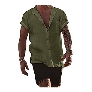 MBETA Cotton and Linen Solid Color Cardigan Loose Short Sleeve Shirt Suitable for Summer Menswear