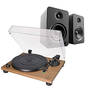 Audio Technica AT-LPW40WN Fully Manual Belt-Drive Turntable Bundle with Kanto YU6 Powered Wireless Bluetooth Speakers - Matte Black