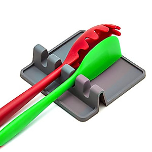 Grey Silicone Spoon holder for Stove Top with Drip Pad (Two Pack) - Heat Resistant, BPA Free Utensil Rest & Spoon Rest for Kitchen Counter - Grill Utensil Holder for Spatulas, Tongs, Ladles