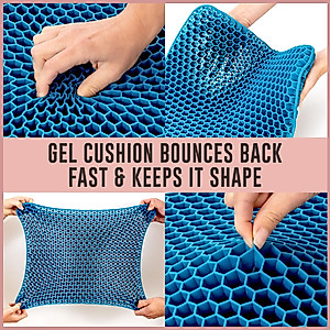 Gel Seat Cushion for Long Sitting - Honeycomb Cooling Pad with 1.2" Inches of Gel Padding & Padded Cover for Driving, Office Chair, Car or Wheelchair - Sciatica, Tailbone and Pressure Relief Pillow