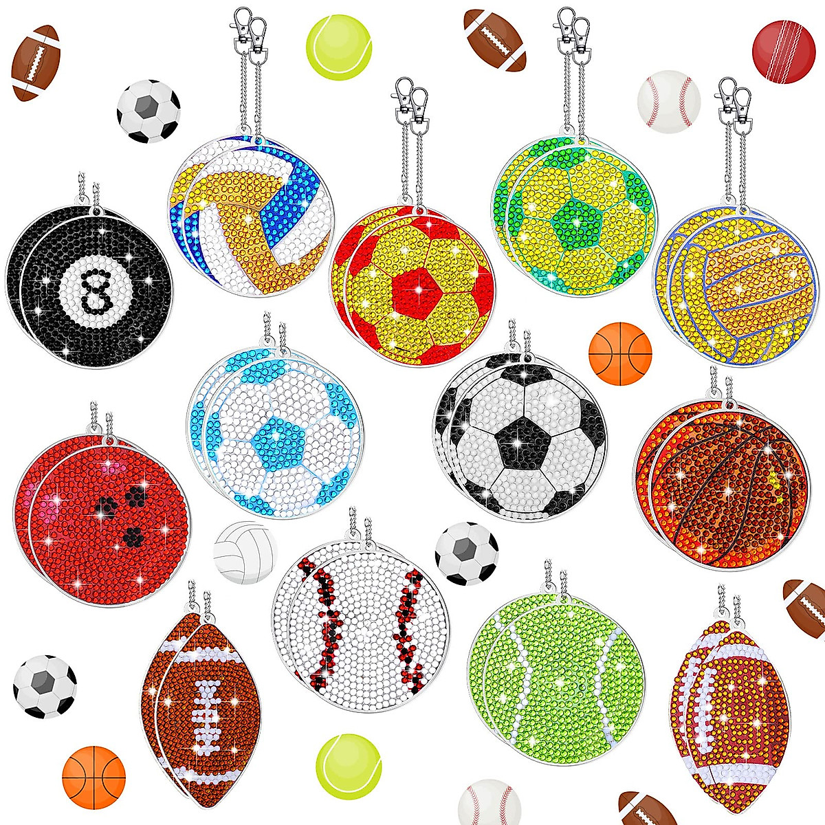 Junkin 26 Pcs Balls DIY Diamond Art Painting Keychain Kits 5D Diamond Painting Key Chains Soccer Ball Football Chain Key for Backpack Shoulder Bag Sports Accessories Adults and Kids