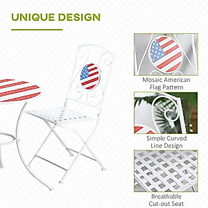 Outsunny 3 Piece Patio Bistro Set, Folding Outdoor Furniture with USA Mosaic Table and Chairs, Portable Metal Frames for 4th of July, Balcony, Backyard, Poolside, Porch, American Flag