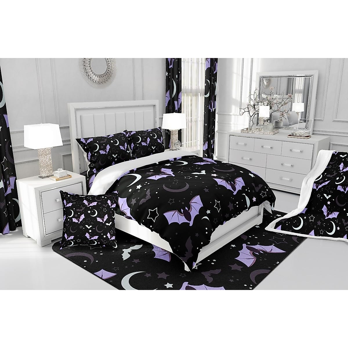 Erosebridal Purple Bats Halloween Decoration Moon Duvet Cover Glitter Stars Galaxy Bedding Set Cartoon Bat Gothic Comforter Cover Queen,Spooky Dark Shadows Silhouette Halloween Decorations Indoor