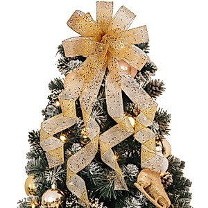 GWHOLE Christmas Tree Toppers Large Gold Xmas Tree Ribbon Bows House Decoration Supplies for Christmas Tree Decorating with Streamers, 12 inch (Gold)