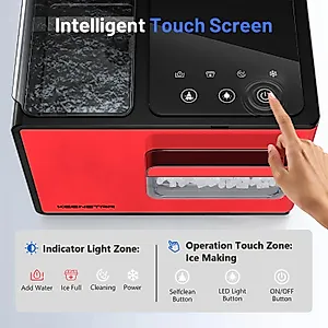 Nugget Ice Maker Countertop, 40lbs/24H, Pebble Ice Maker with Soft Chewable Ice, Self Cleaning Sonic Ice Machine, Stainless Steel w/Touch Screen, Compact Design for Home Office Bar Party- Red