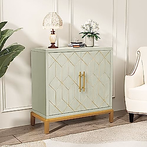 ARTPOWER Accent Cabinet with Doors, Modern Wooden Sideboard, Carved Decorative Storage Cabinets for Bedroom, Living Room, Kitchen, Office, and Hallway, Green with Gold Legs