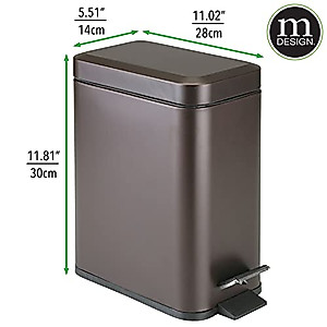mDesign Small Modern 1.3 Gallon Rectangle Metal Lidded Step Trash Can, Compact Garbage Bin with Removable Liner Bucket and Handle for Bathroom, Kitchen, Craft Room, Office, Garage - Bronze