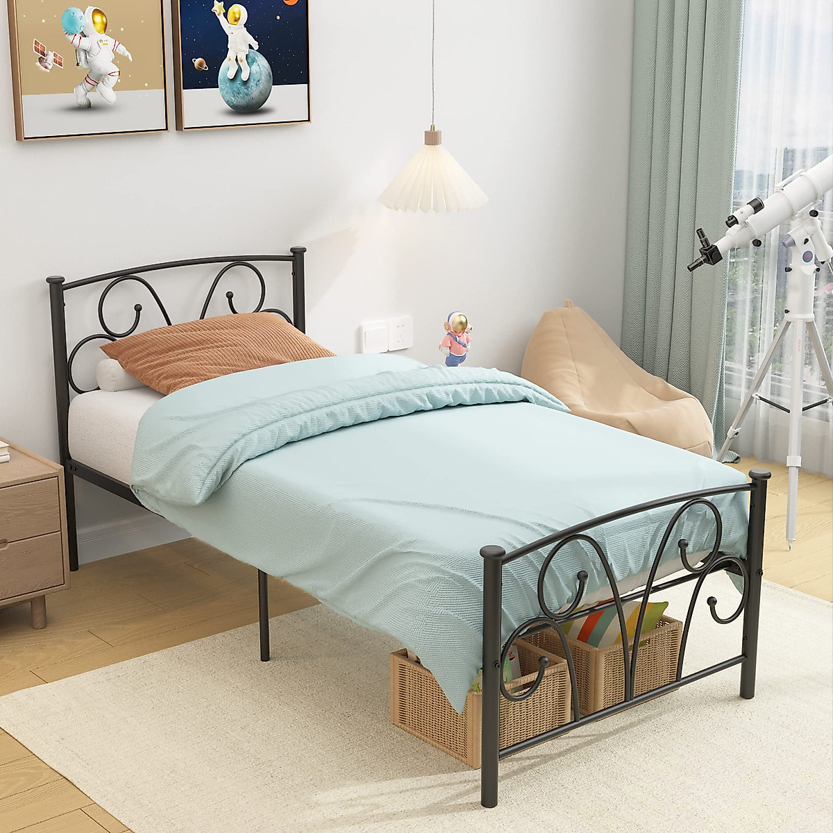 Timy Kids Twin Bed Frame with Headboard and Footboard, Metal Platform Bed Frame with 12 Inch Storage Space for Boys Girls Teens Adults, No Box Spring Needed, Black