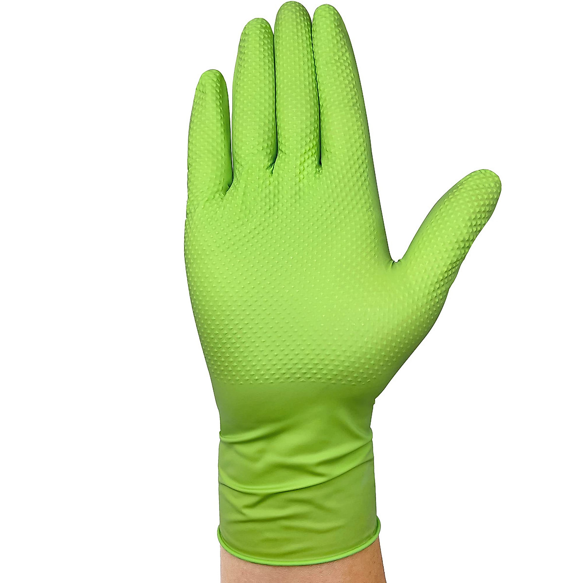 TitanFlex Thor Grip Heavy Duty Green Industrial Nitrile Gloves, 8-mil, Large, Box of 100, Latex Free, Raised Diamond Texture Grip, Powder Free, Food Safe, Rubber Gloves, Mechanic Gloves