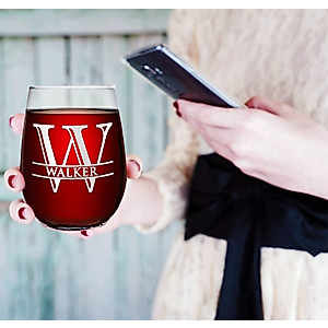 Cuptify Initial Monogram with Name Etched on 17 oz Stemless Wine Glass Engraved Personalized Gifts for Men and Women