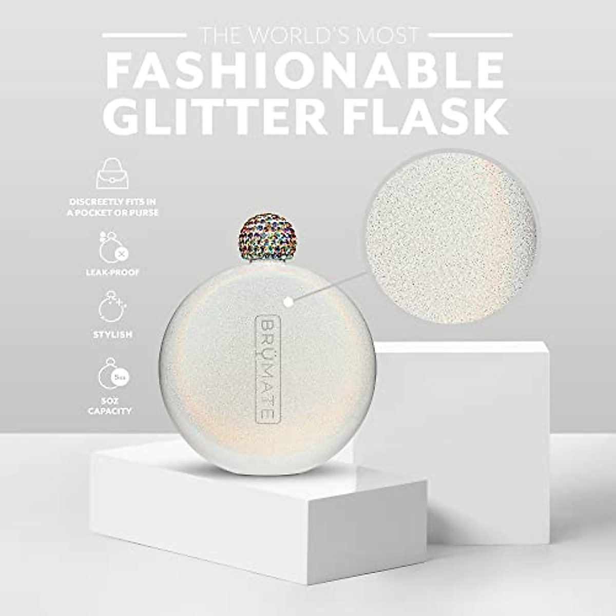 BruMate Glitter Women's Flask - 5oz Stainless Steel Flask for Liquor & Spirits - Pocket & Purse - Cute, Girly - Ideal Gift for Women (Glitter White)