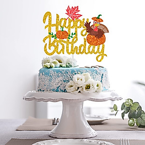 Thanksgiving Happy Birthday Cake Topper - Happy Friendsgiving Cake Topper - Autumn Fall Harvest Maple Pumpkin Picks Holiday Friends Party Supplies