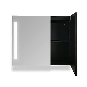JimsMaison 30x26 inch Silver LED Mirror Bathroom Medicine Cabinet with Double Doors, Space Iron Mirror Storage Cabinet with Defog Function, Dimmable Lights Brightness, Surface or Wall-Black Inner