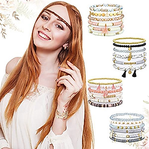 Jadive 24 Pieces 4 Set Bead Bracelets Heishi Stackable Bracelets for Women Clay Boho Disc Bracelets Y2K Aesthetic Layering Boho Surfer Bracelets Bohemian Bracelet Christmas Beach Jewelry for Women