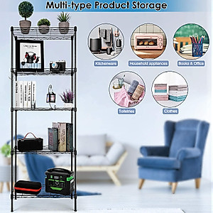 Metal Shelves for Storage Heavy Duty, Wire Rack Shelving Units and Storage, Adjustable Shelves with 4 Hooks for Laundry Bathroom Kitchen Pantry Closet, Black