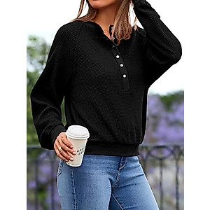 PRETTYGARDEN Fall Casual Sweatshirt for Women v Neck Long Sleeve Jumper Loose Knit Henley Top Button Slouchy Pullover Oversized Crop Sweater (Black, X-Large)