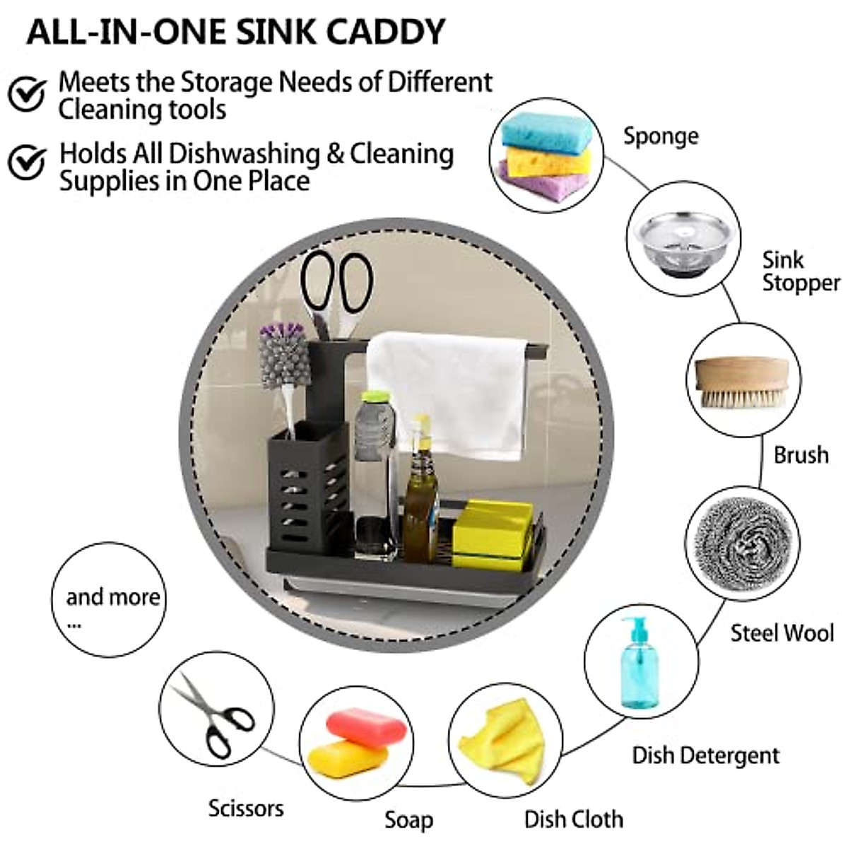 Sink Caddy Kitchen Sink Organizer, Stainless Steel Kitchen Caddy Sink Organizer with Removable Drain Tray for Soap, Sponge, Scrubber, Brush and Dishcloth, Rustproof Countertop Kitchen Sink Organizer