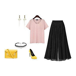 chouyatou Women's Elastic Waist A-Line Pleated Chiffon Cropped Wide Leg Pants Culottes (Large, Black)