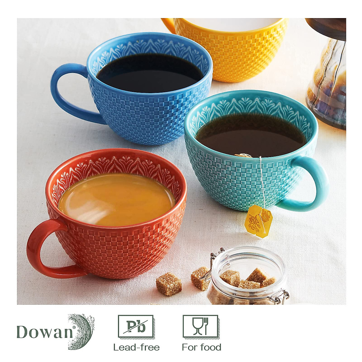 DOWAN Coffee Mugs Set of 4, 21 oz Large Coffee Mugs with Handle, Soup Mugs with Exquisite Relief Craftsmanship for Latte, Cappuccino, Party, Housewarming Wedding Gifts, Vibrant Colors