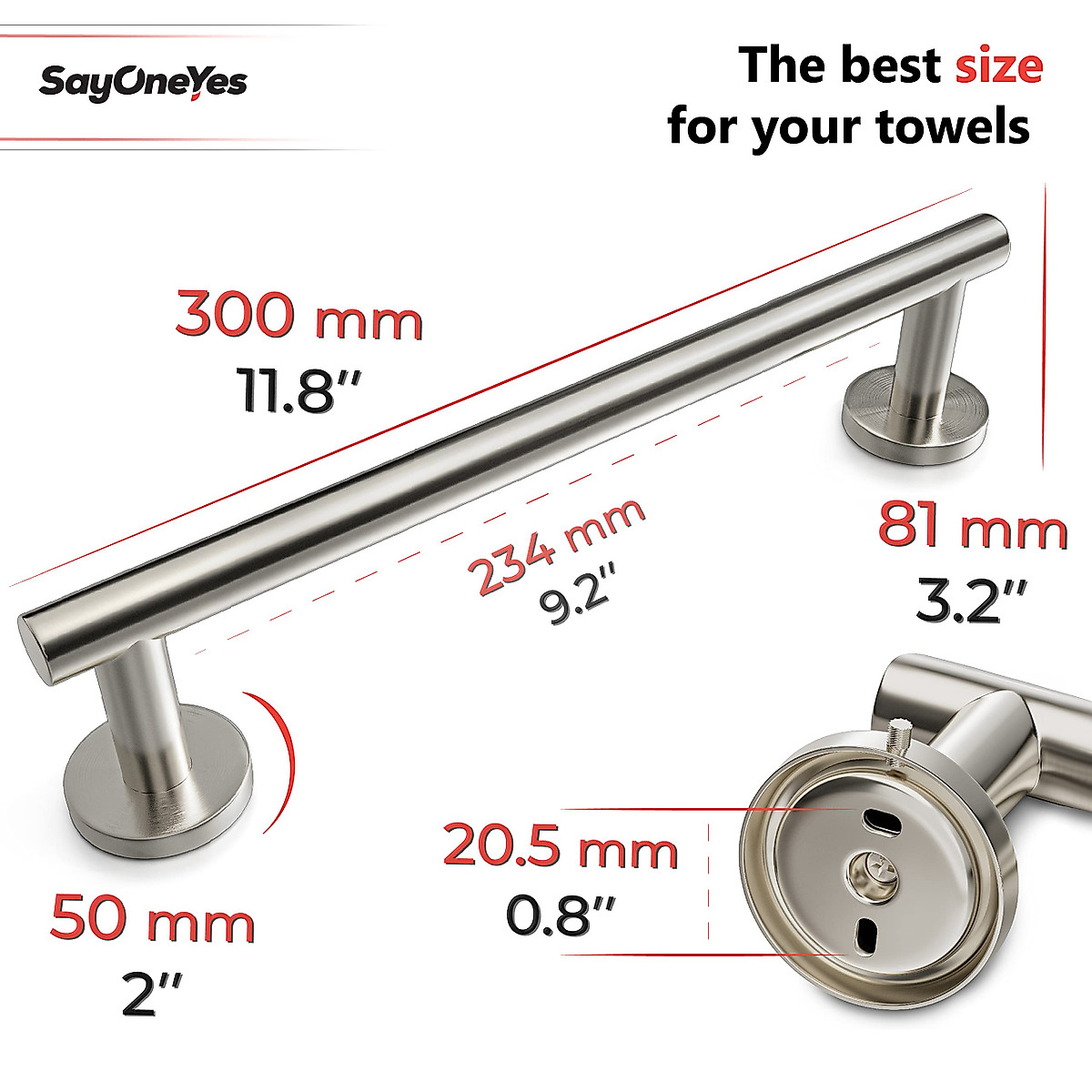 SAYONEYES Brushed Nickel Towel Bar 12 Inch – Heavy Duty Stainless Steel SUS304 Towel Holder Rack for Bathroom, Kitchen, Bedroom Wall Mounted - Single Layer Shower Towel Hanger Rod