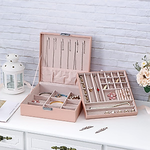 BEWISHOME Jewelry Box for Girls 35 Compartments Jewelry Organizer - 6 Necklace Hooks, 2 Layers - Jewelry Boxes Display Storage Case Jewelry Holder for Girls Pink SSH71F