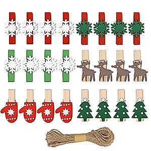 Greentime 120 PCS Christmas Wooden Clips, Snowflake Clothespins Small Craft Pegs Elk Gloves Snowflake Christmas Tree Clothespins with 10 Meters Rope for DIY Crafts Home Party Xmas Supplies Gifts