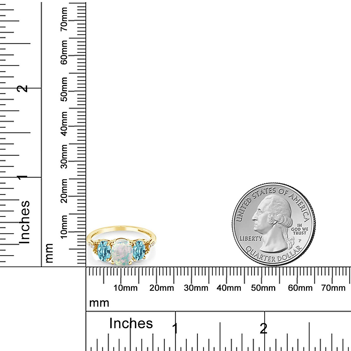 Gem Stone King 10K Yellow Gold Oval Cabochon White Simulated Opal and Blue Zircon Women Ring (2.34 Cttw) (Size 7)