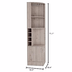 DEPOT E-SHOP Egina Corner Bar Cabinet with Two External Shelves, Glass Holder, Eight Exterior Bottle Racks, Central Shelf, Lower Drawer with Two Side Doors, 71" H, Light Gray, Living Room