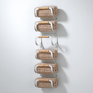 mDesign Wall Mount Towel Storage Rack for Bathroom - 6-Tier Hanging Organizer Mounted Holder Shelf for Multiple Bath Towels or Robes - Steel Metal and Wood - Yami Collection - Matte White/Natural