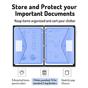 Forvencer Binder Pocket, 10 Pack Super Heavyweight Poly Binder Pocket with Hook and Loop Closure, Binder Folders Side Loading, 3 Ring Binder Pocket, Letter Size, Assorted Colors