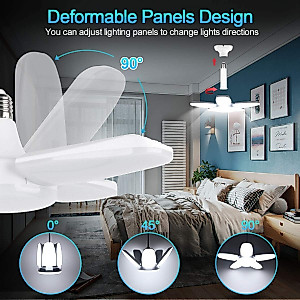 LED Garage Light 2 Pack 60W E26/E27 6000LM Deformable Ceiling Trilights LED Lights 6500K Daylight White Garage LED Bulb with 4 Adjustable LED Panels, Bay Lights for Warehouse Workshop Basement Barn