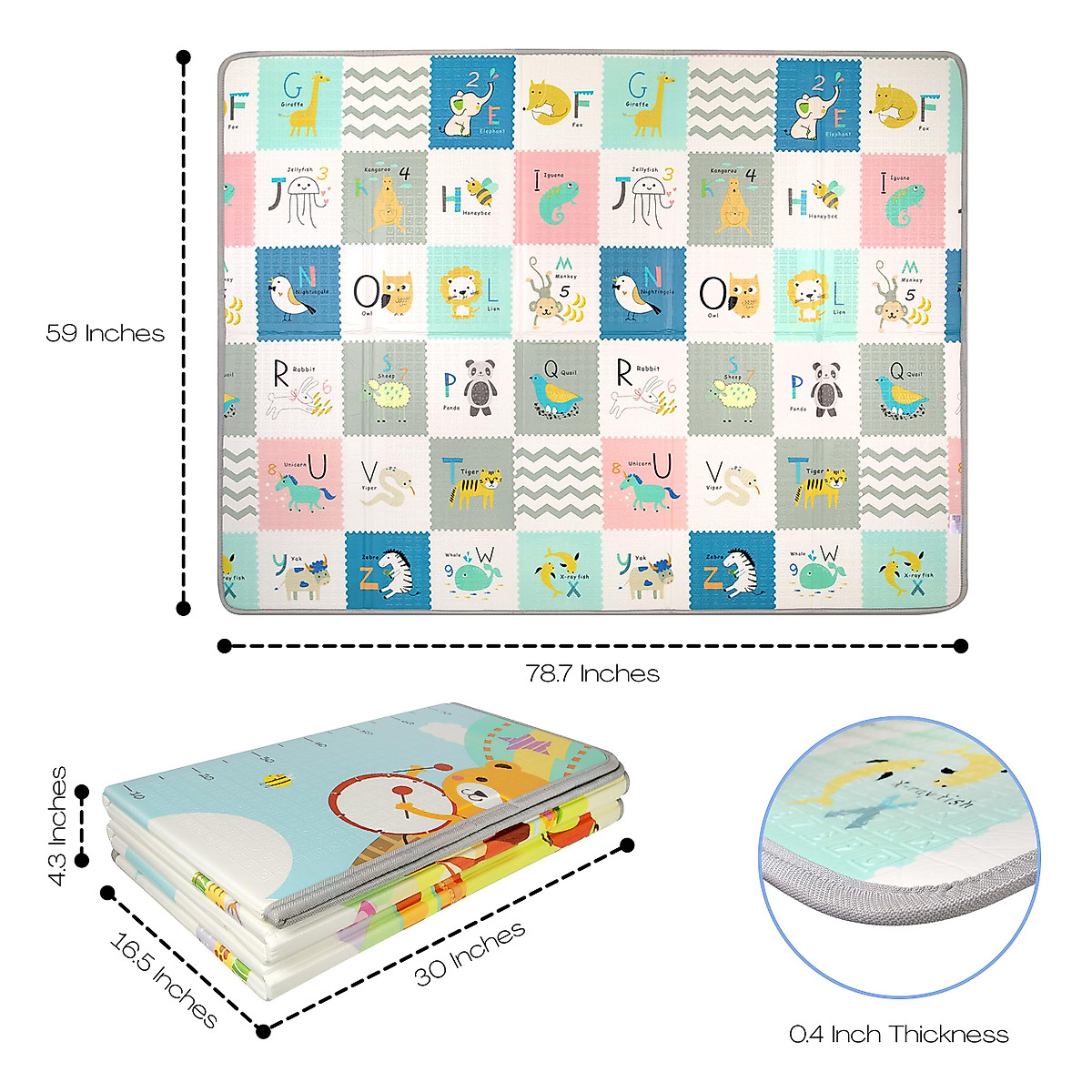 HENA Baby Play Mat - Foldable Playmats for Babies and Toddlers, Infants - Non-BPA, Odorless, Non-Slip, Waterproof XPE Foam Flooring with Storage Bag - Portable Floor Play Mat for Kids - 59x79 inches