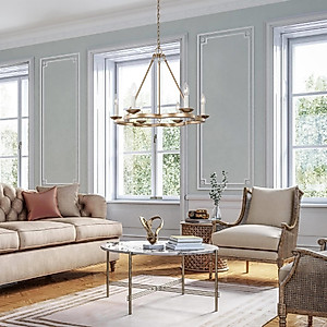 classy leaves Gold Chandeliers for Dining Room, 6-Light Wagon Wheel Chandelier with White Candle, Modern Chandelier Light Fixture Island Light for Kitchen Island, Living Room, Bedroom