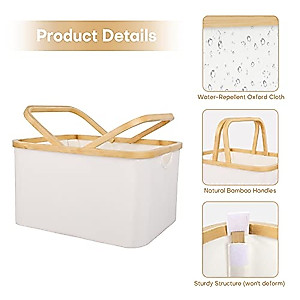 ANMINY Large Storage Basket with Natural Bamboo Handles Canvas Fabric Picnic Laundry Bin Water-Repellent Rectangular Closet Cabinet Shelf Box Foldable Decorative Nursery Clothes Toys Organizer - Beige