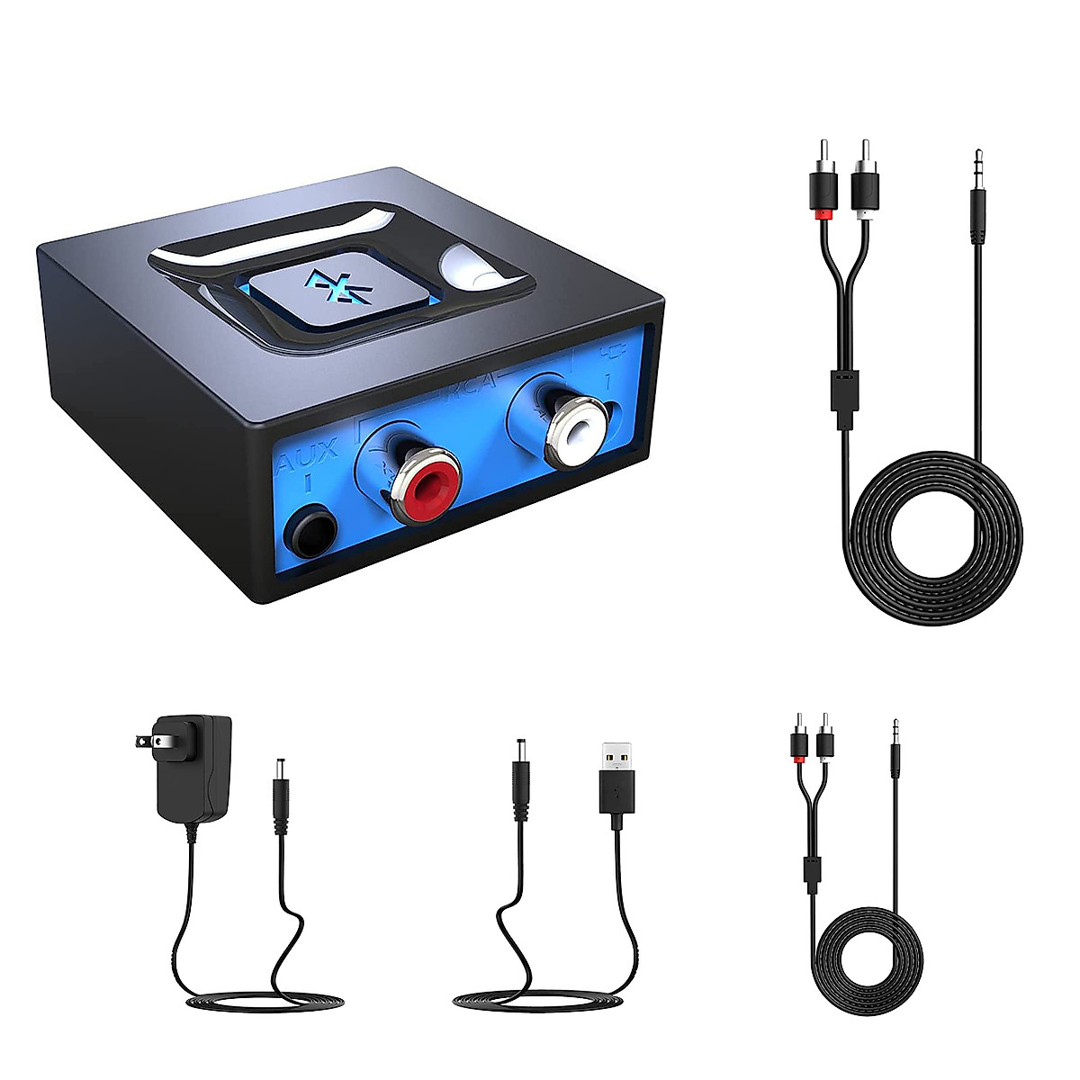 Esinkin Bluetooth Audio Adapter(Include AC to DC Power Adapter /3.5mm to RCA Audio Cable/USB to DC Charging Cord) + RCA to 3.5mm Adapter Audio Cable -5 Feet