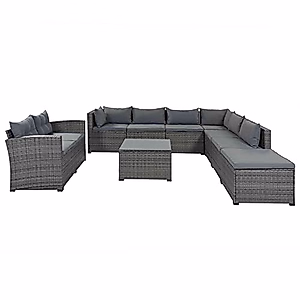 Cotoala 9-Piece Outdoor Patio Large Wicker Sofa Set, PE Rattan Conversation Sectional Couch with Ottoman and Glass Coffee Table for Garden, Backyard, Porch and Poolside, Grey