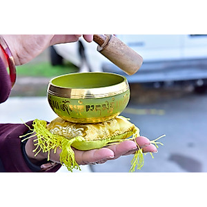 3.75" Tibetan Meditation Yoga Singing Bowl Yellow Set with free Wooden Mallet and Silk Cushion from Nepal, Singing bowls.