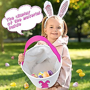 SANRUIHE Easter Basket Bunny Bags, Easter Egg Hunt Basket for Kids, Canvas Tote Candy Gifts Bags for Boys and Girls, Printed Fluffy Paillette Rabbit Bucket for Easter Decorations
