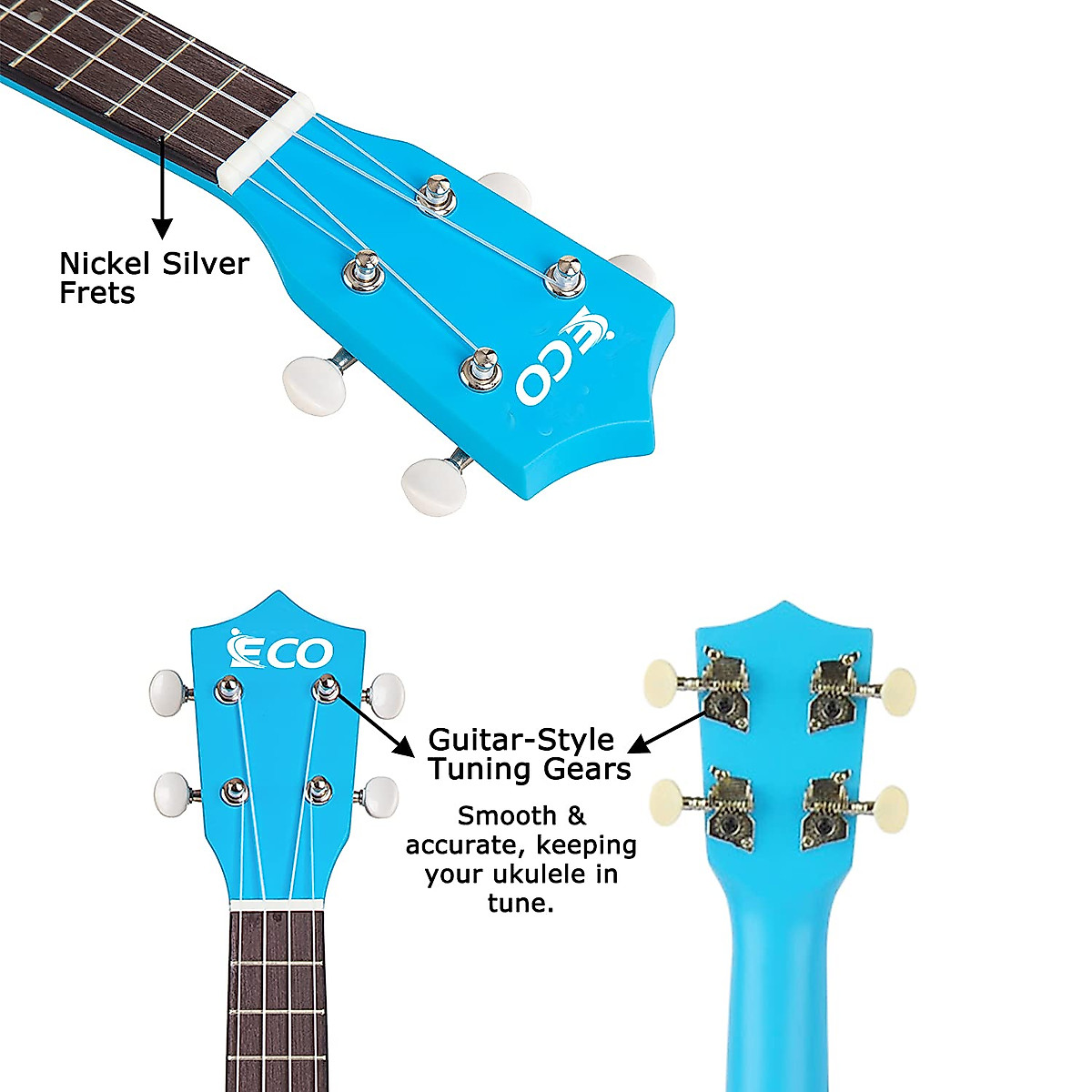 iECO Soprano Ukulele Beginner Kit for Kids Adults 21 Inch Ukelele w/Case Strap Tuner Strings Picks (Blue)