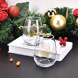Merry Christmas Stemless Wine Glasses 15 Oz Funny Wine Glasses for Women Friends Men, Unique Glass Set Idea for Christmas, Set of 2