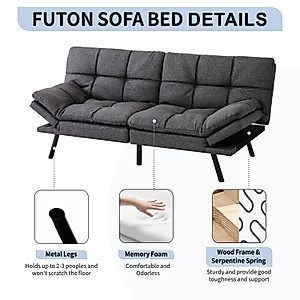 MUUEGM Futon Sofa Bed Couch Memory Foam Futon Bed Convertible Sofa Sleeper,Modern Love seat Splitback Sofa for Living Room,Office,Small Space,Apartment,Adjustable Backrests Armrests,71",Dark Grey